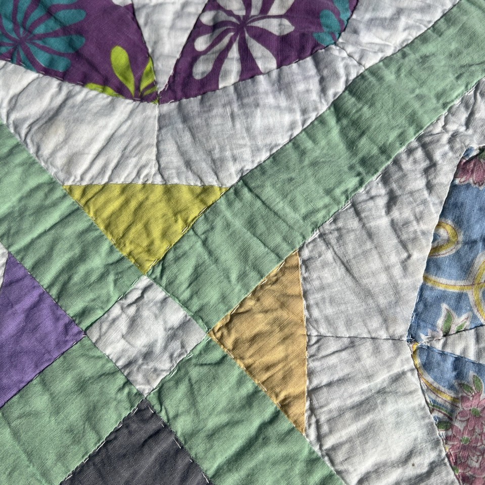 Vintage Hand Sewn Patchwork Quilt 77” X 65” Green, Multi Color. | eBay