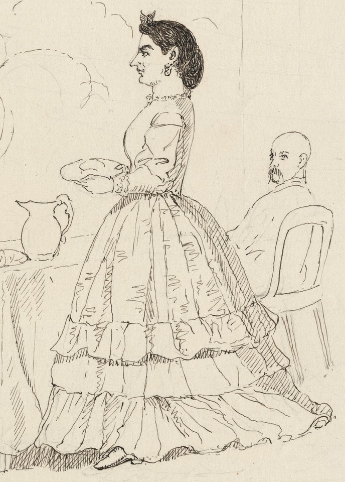 c. 1850's Man Dressed in Undergarments at Meal, New York City PEN & INK ...