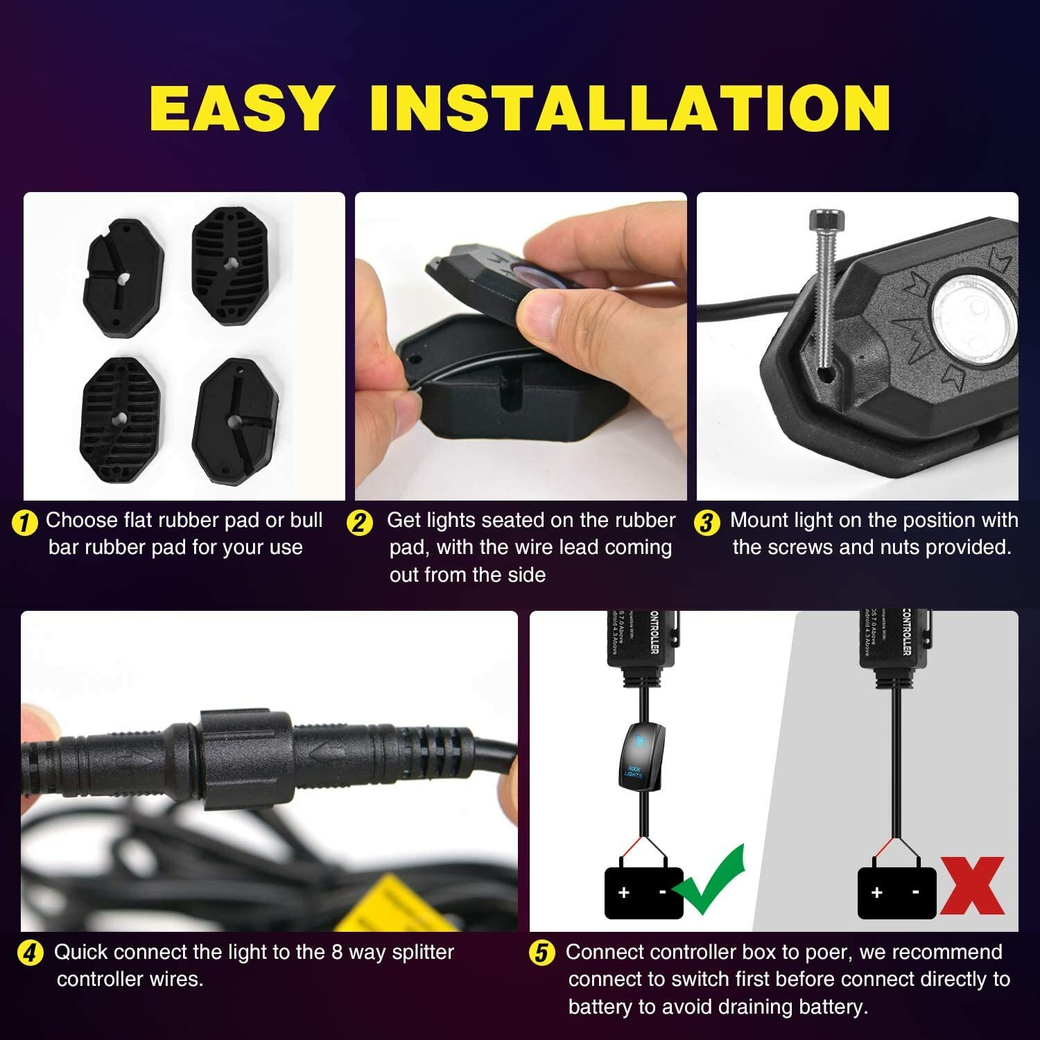 Nilight 8 Pods RGB LED Rock Lights Offroad Music Wireless Bluetooth ...