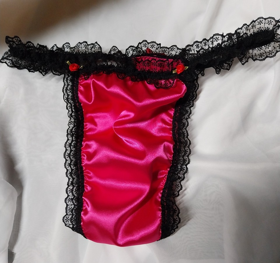 Hot Pink SATIN Black Lace Sissy T Back THONG cd tv Drag Frilly | eBay UK