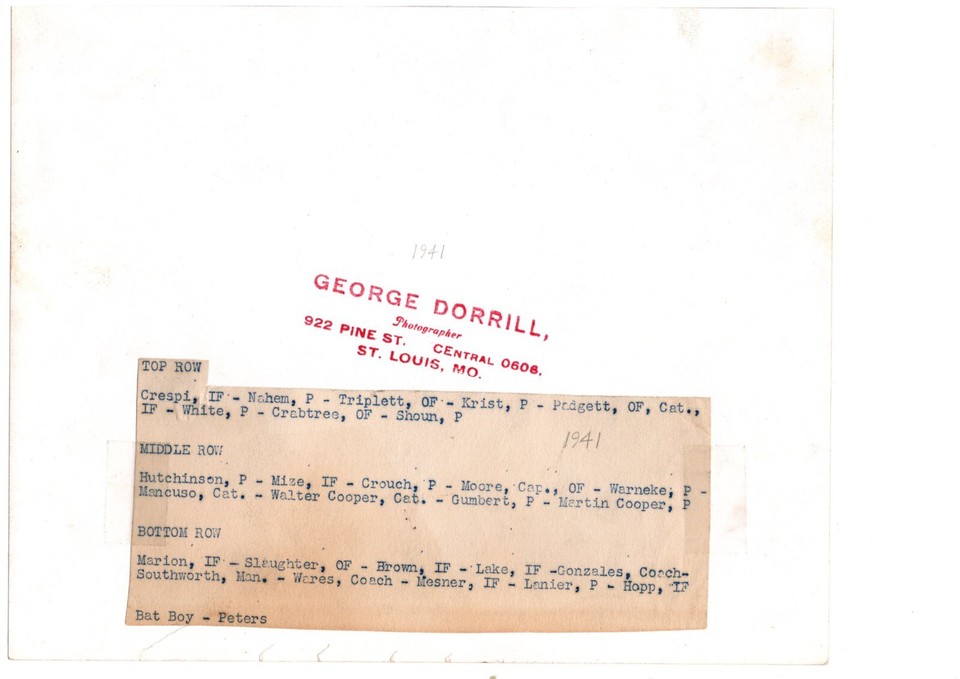 ORIGINAL VINTAGE GEORGE DORRILL 1941 ST. LOUIS CARDINALS 8X10 TEAM ...