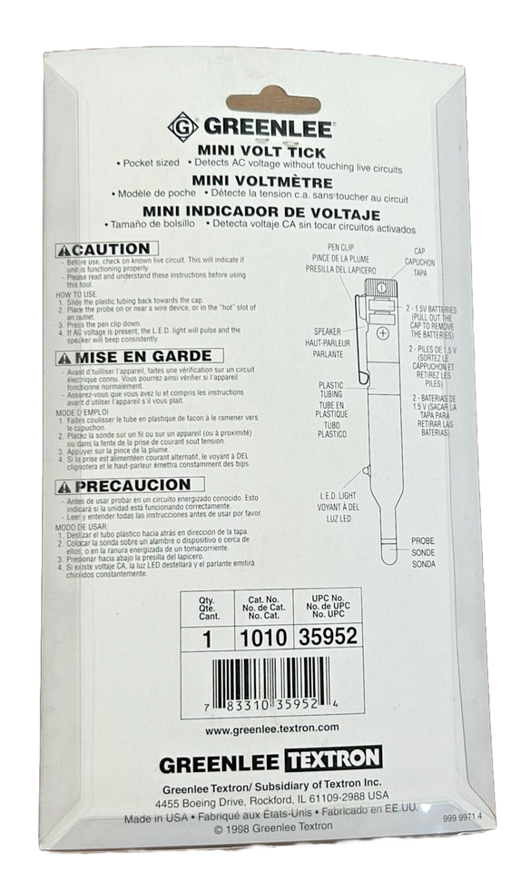 Greenlee Mini Volt Tick AC Voltage Indicator, model 1010, 50-600 V ...
