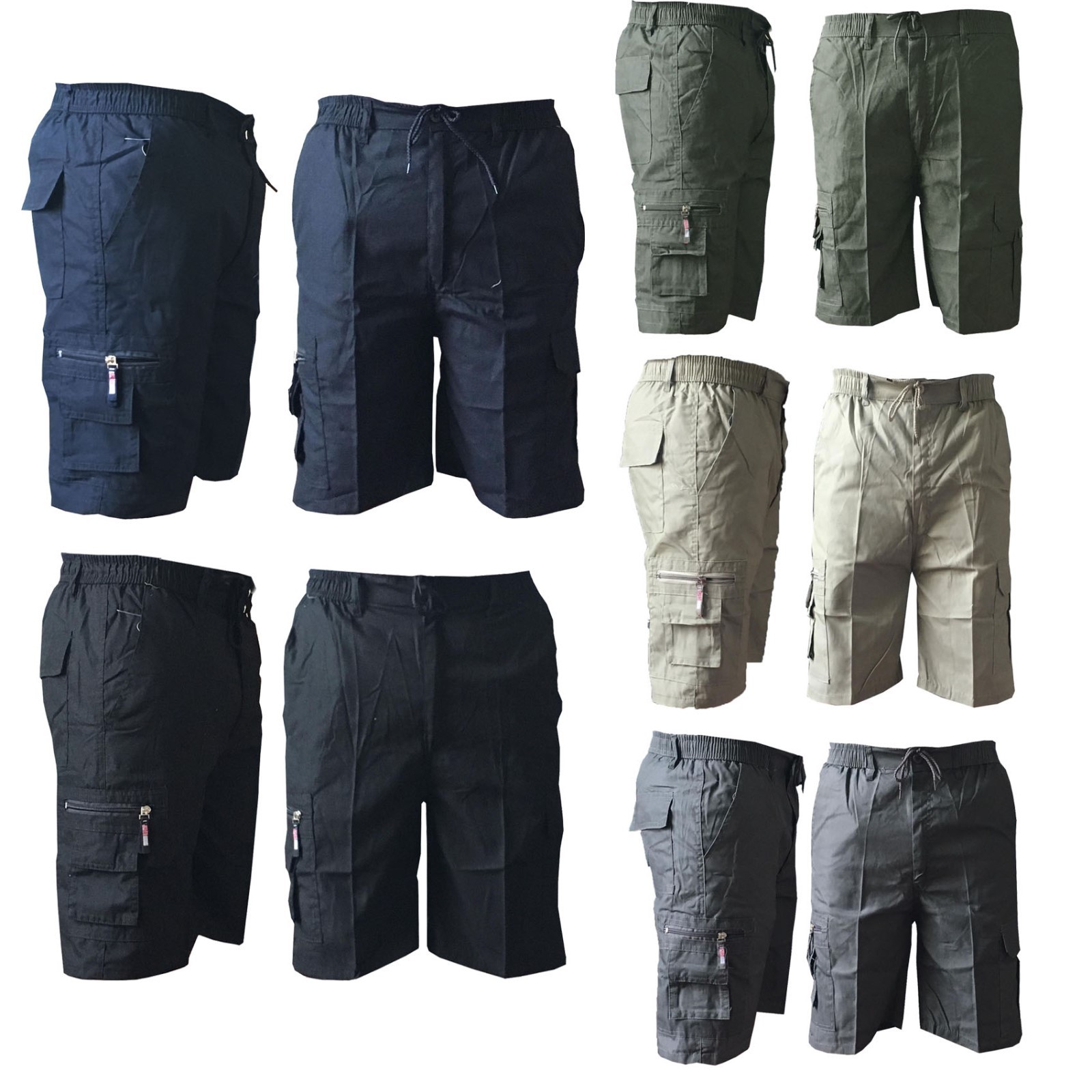 Mens New Elasticated Plain Lightweight Cotton Cargo Work Shorts Pants M ...