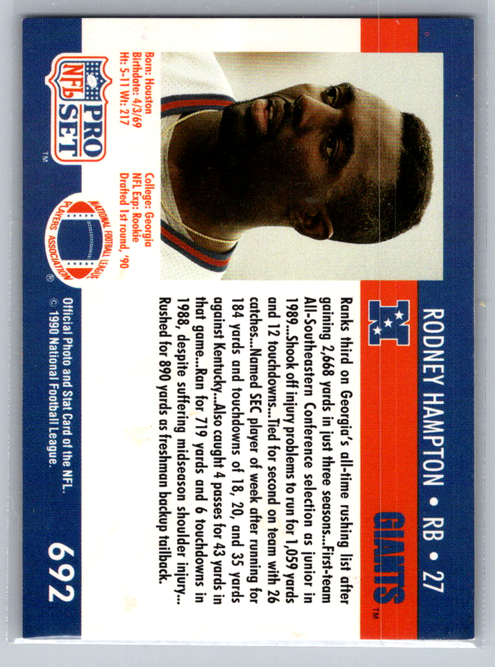 1990 Pro Set Rodney Hampton Rookie # 692 New York Giants | eBay