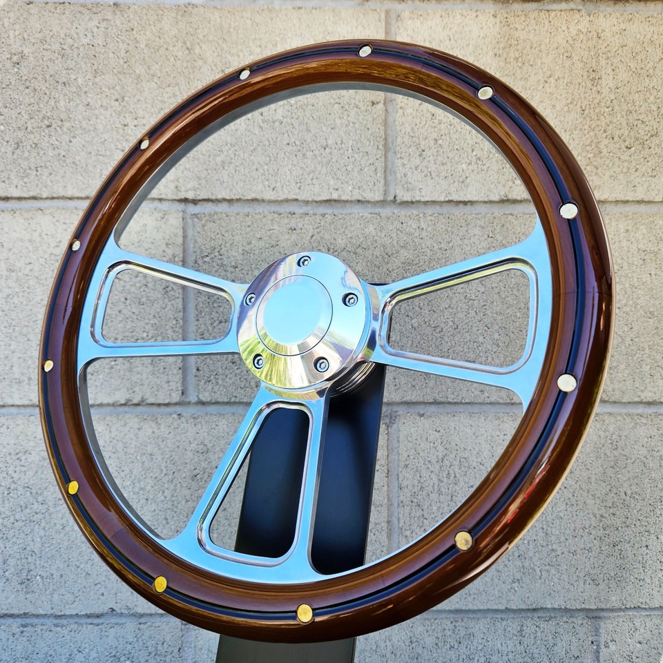 14" Billet Steering Wheel Mahogany Wood Brass Rivets Chevy Muscle C10 ...