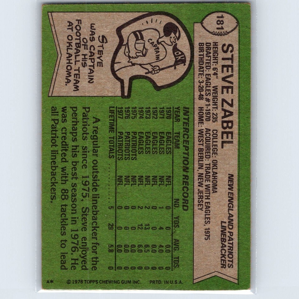 1978 Topps Steve Zabel #181 New England Patriots | eBay