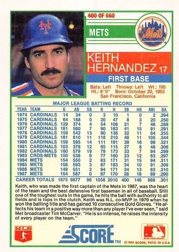 Keith Hernandez 1988 Score 400 New York Mets Baseball Card | eBay