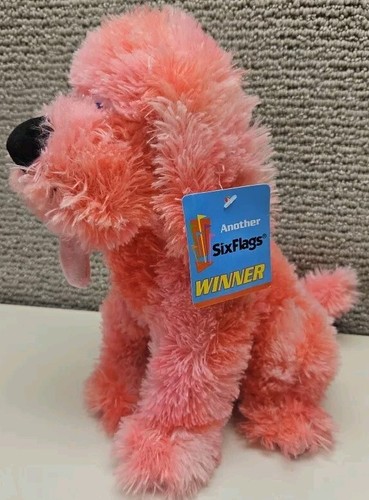 Six Flags Another Winner Dog Plush Stuffed Animal Bright Pink Fluffy 12 ...