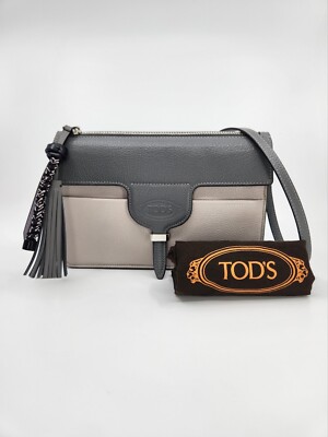 Tod’s Thea Joy Bi-Color Gray Leather Handbag Carry Zip Crossbody Tassel ...