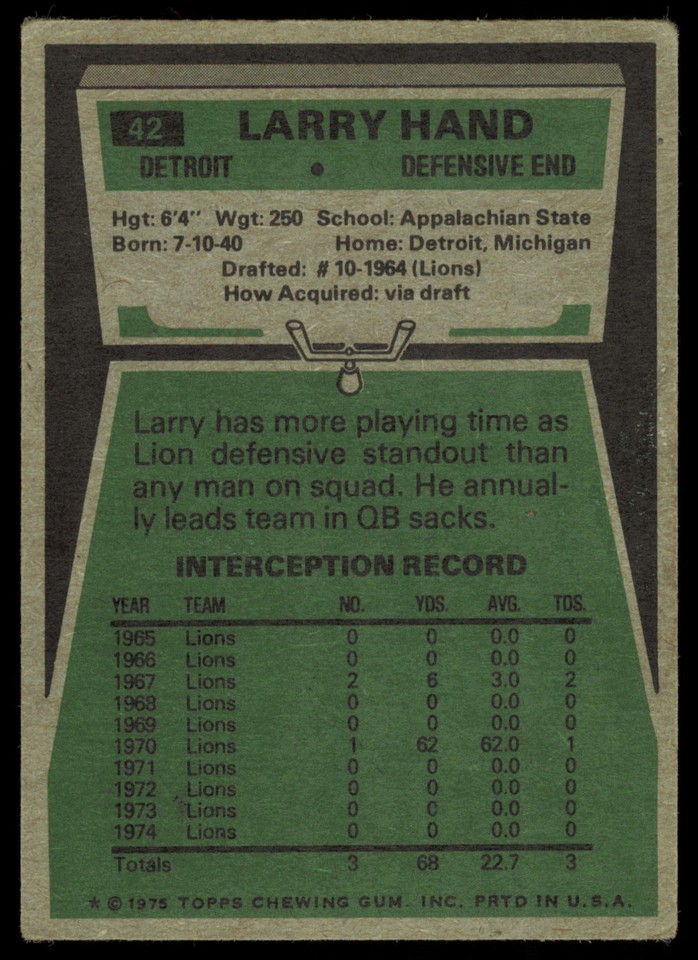 1975 Topps #42 Larry Hand Detroit Lions | eBay
