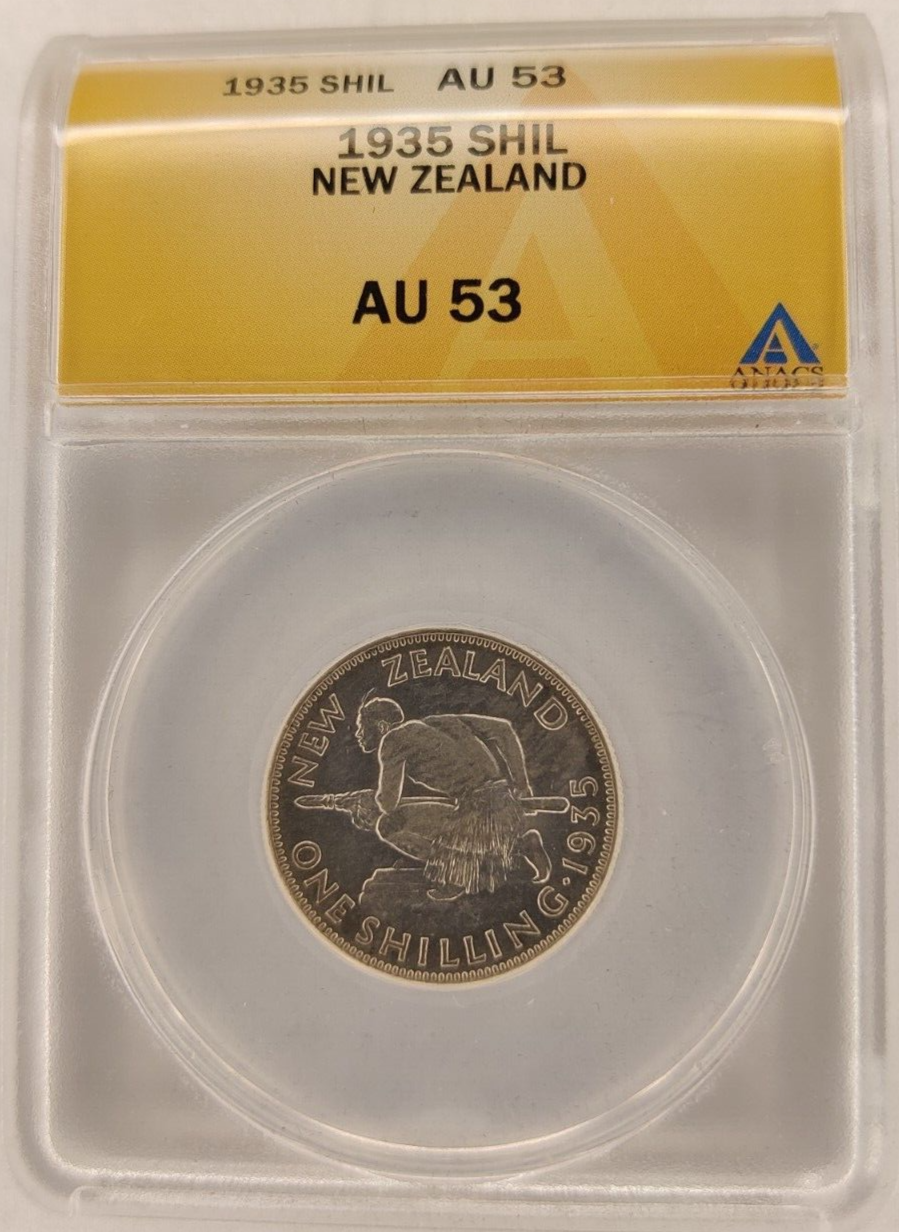 1935 New Zealand 1 Shilling Graded AU53 ANACS Rare High Grade Key Date ...
