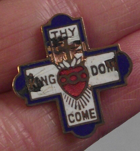 Gold tone enamel cross Sacred Heart of Jesus Thy Kingdom Come medal pin ...