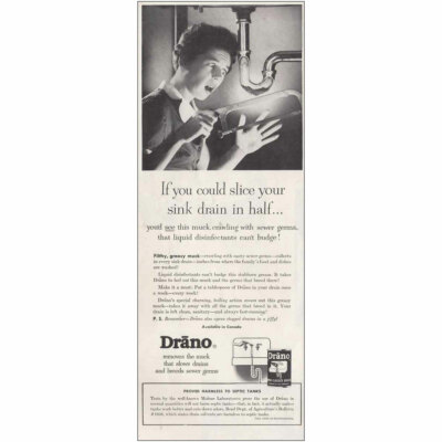 1950 Drano: If You Could Slice Your Sink Drain in Half Vintage Print Ad ...