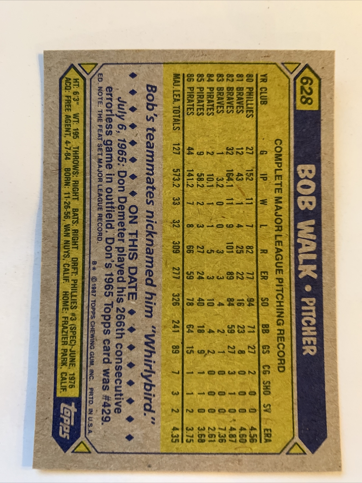 1987 Topps Baseball Card #628 Bob Walk Pittsburgh Pirates NmMt Free ...