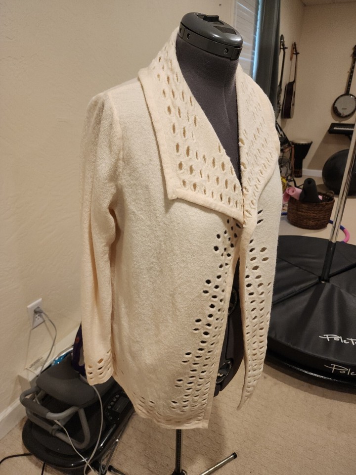 Chico's 100% Wool Longline Cardigan Ivory Perforated Cutout Detail Size ...