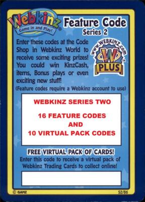 WEBKINZ SERIES TWO - 16 FEATURE CODES & 10 VIRTUAL PACK CODES (EBAY ...
