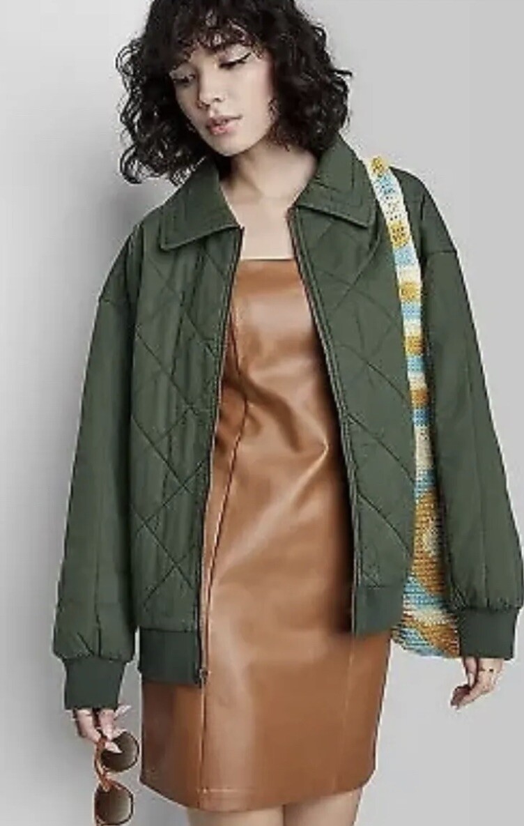 NEW Wild Fable Women's Oversized Woven Quilted Bomber Jacket Fern Green ...