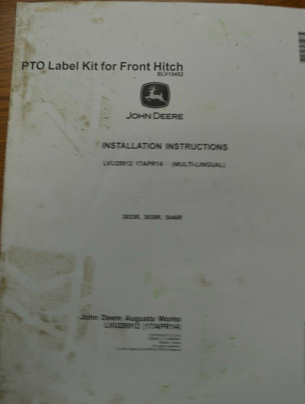 JOHN DEERE INSTALLATION INSTRUCTIONS FOR PTO LABEL KIT FOR FRONT HITCH ...