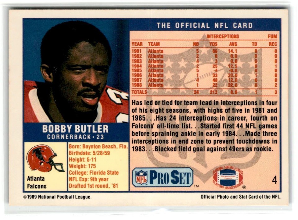 1989 Pro Set FOOTBALL #4 Bobby Butler Atlanta Falcons | eBay