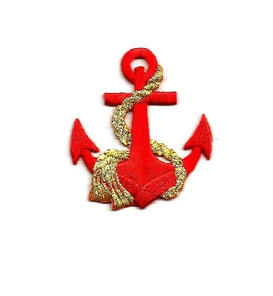 Anchor - Nautical - Red Anchor W/Embroidered Gold Metallic Rope Iron On ...