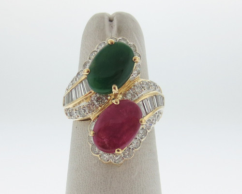 Fine Estate Natural Ruby Jade Diamonds Solid 18k Yellow Gold Bypass Ring | eBay