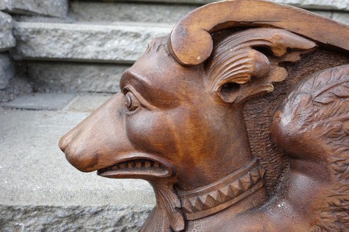 19C Austrian Gothic Carved Walnut Fantasy Mythological Winged Figural ...