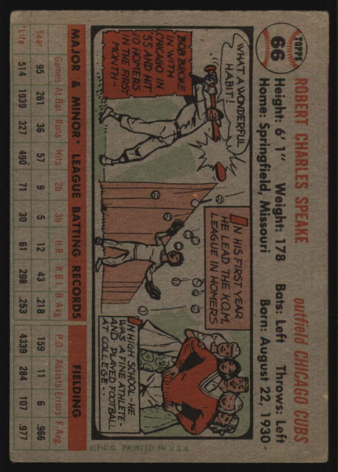 1956 Topps #66 Bob Speake VGEX RC Rookie Cubs Grey Backs 569003 | eBay
