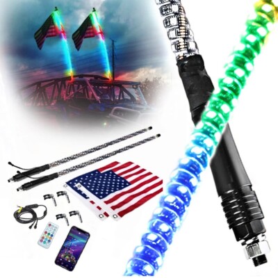2pc 6ft Lighted Spiral LED Whip Antenna w/Flag & Remote for ATV off ...