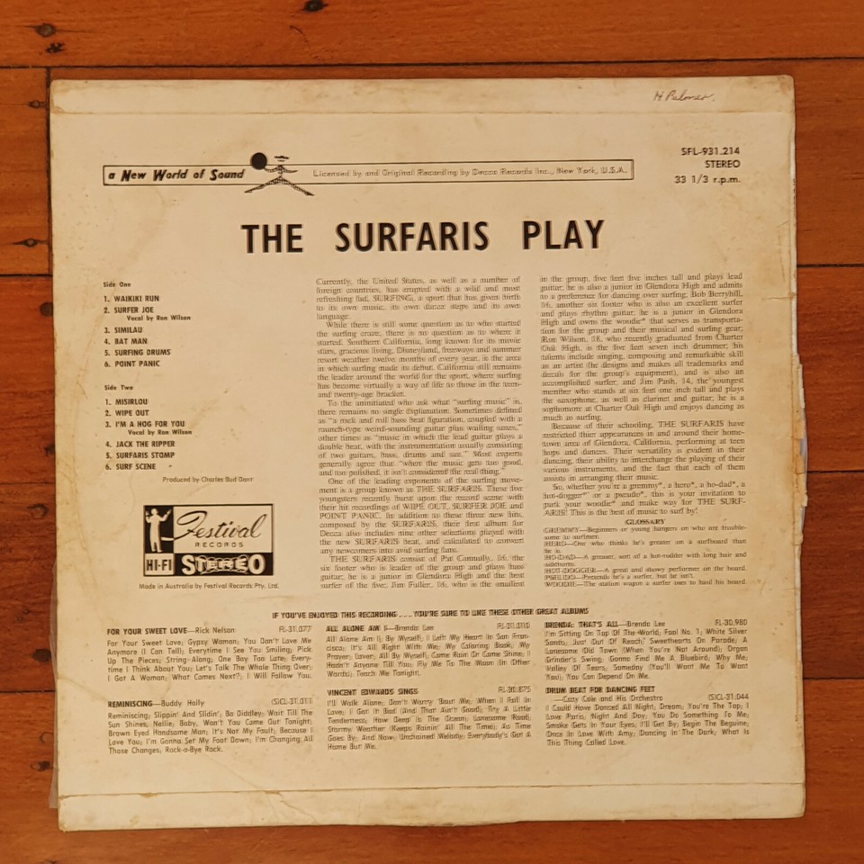 SURFING SURF VINYL LP THE SURFARIS PLAY WIPE OUT POINT PANIC WAIKIKI ...