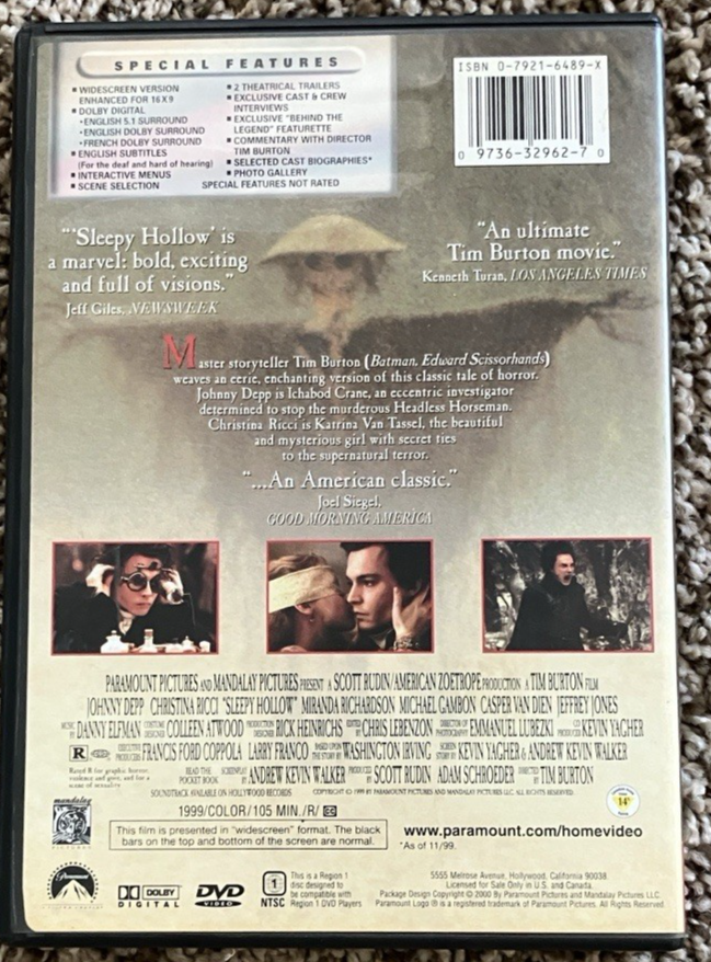 Sleepy Hollow DVD 1999 Johnny Depp Christina Ricci Paramount Widescreen ...