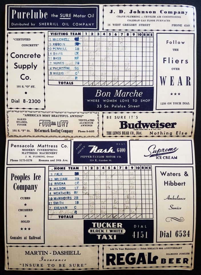 1950 Southeastern League Baseball Program Pensacola FL Fliers Scorebook ...