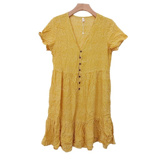 Romwe Mini Dress Womens Small Yellow Fit & Flare Button Short Sleeve ...