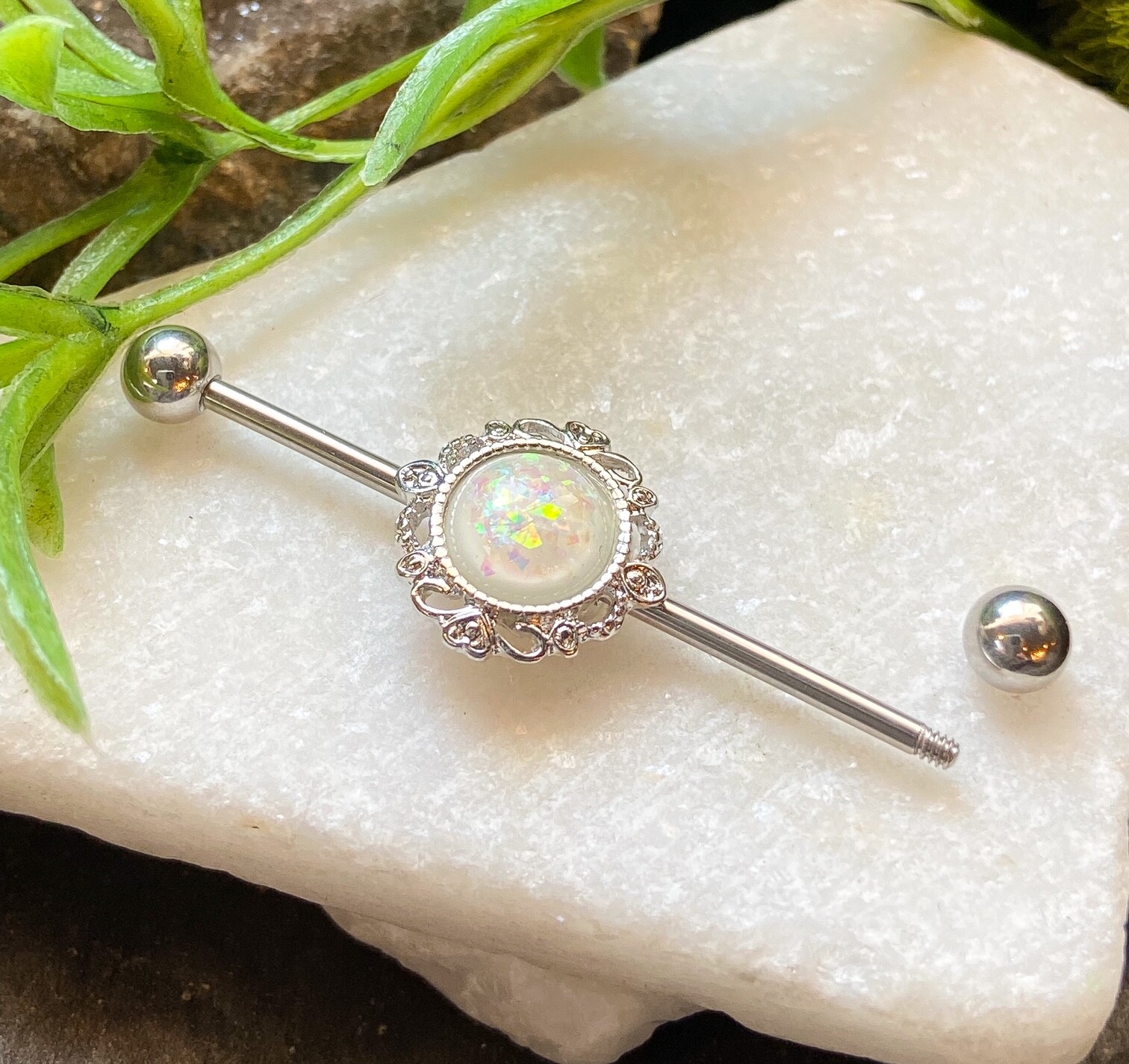 1pc Opal Glitter Lacey Filigree Edge Industrial Barbell - choose Steel ...