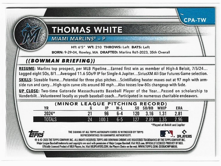 2025 Bowman Chrome Thomas White Rookie On-Card Auto Marlins RC Pitcher ...