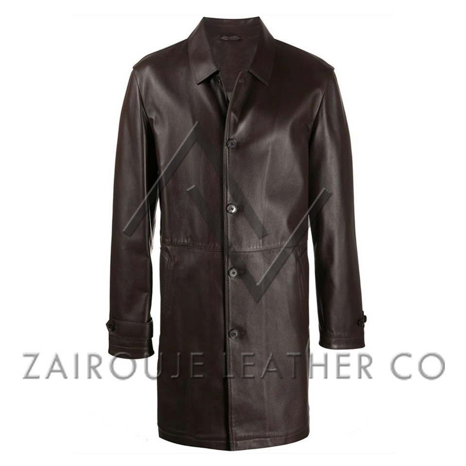 Mens Leather Coat - Black Button-Up Long Jacket, Real Lambskin Classic ...