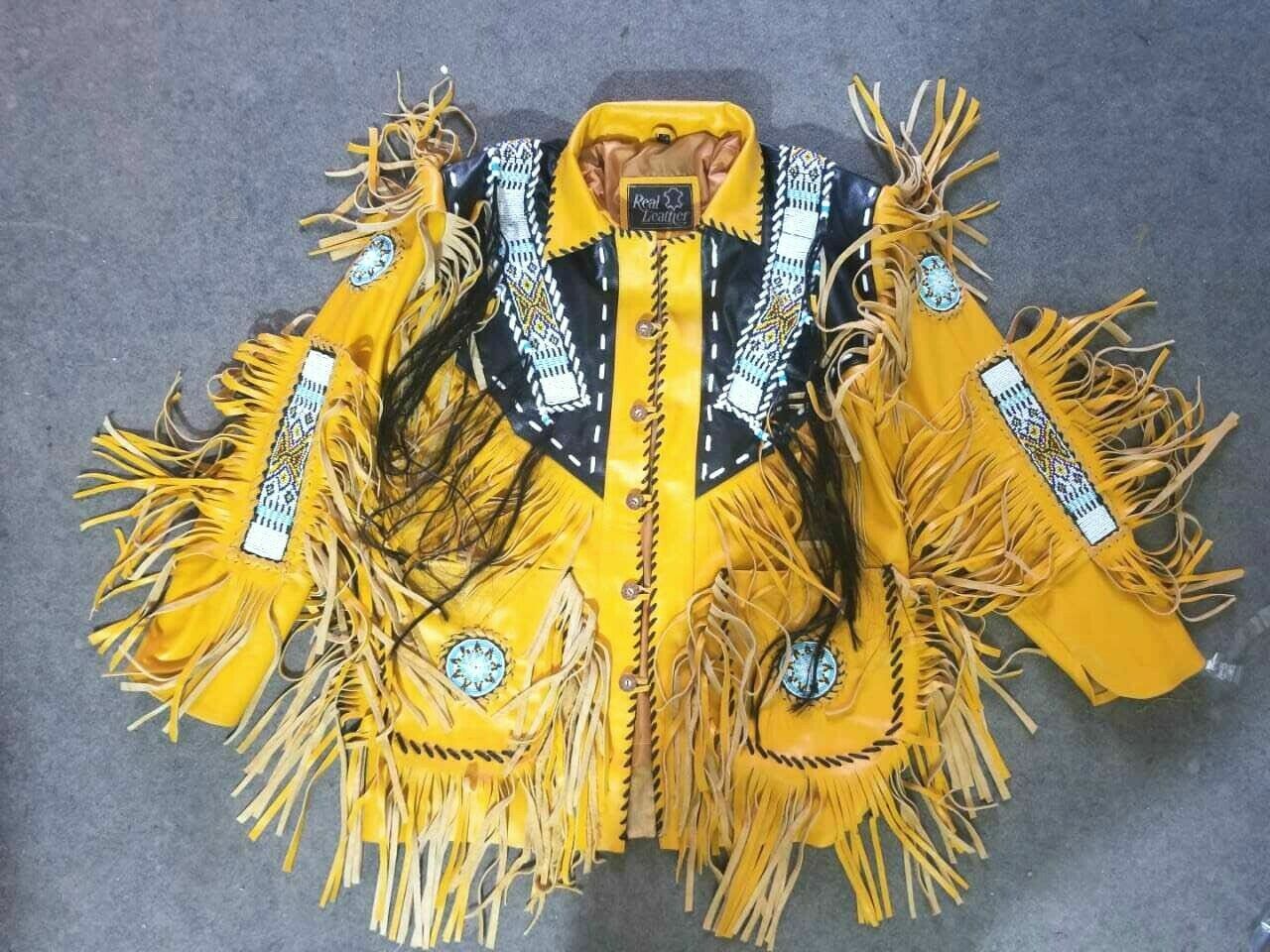 Men's Handmade Native American Red Indian Leather Jacket Fringes beads ...