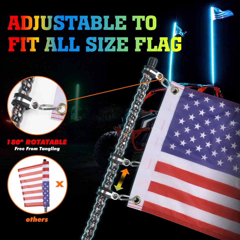 Pair 4FT Spiral LED Whip Lights RGB Antenna w/ Flag & Remote for UTV ...