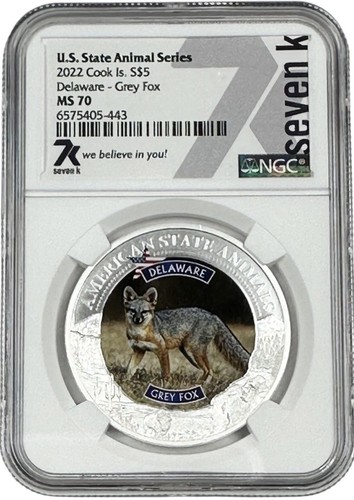 2022 Cook Islands Silver Delaware Grey Fox $5 State Animal NGC MS 70 7k ...