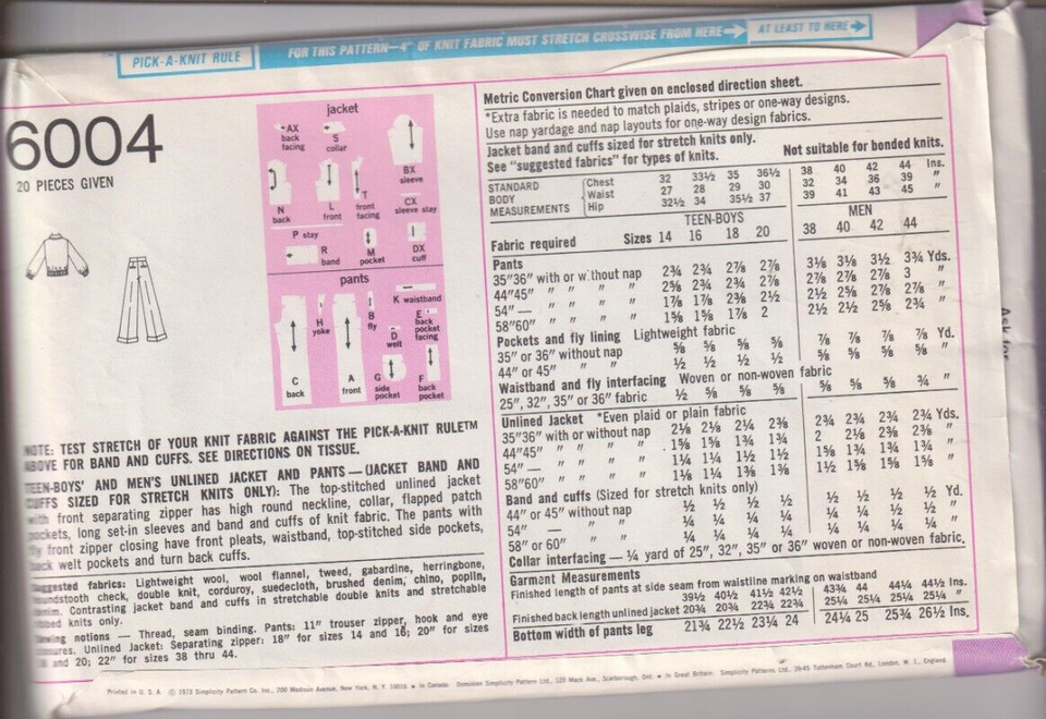 6004 SIMPLICITY c.1973 - JACKET & PANTS - Sz Ch 40" W 34" | eBay