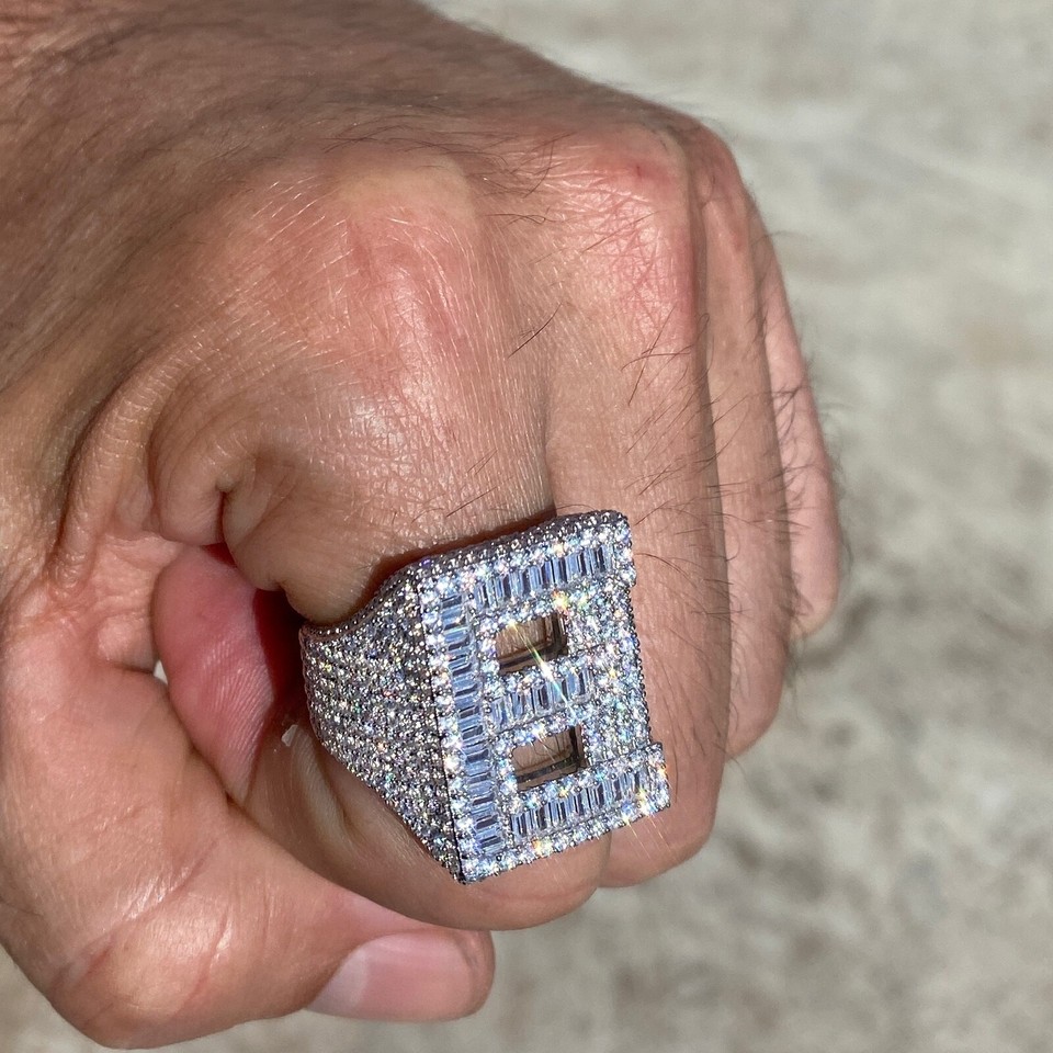 925 Sterling Silver Initial Block Letters Iced Baguette Flooded Out CZ ...