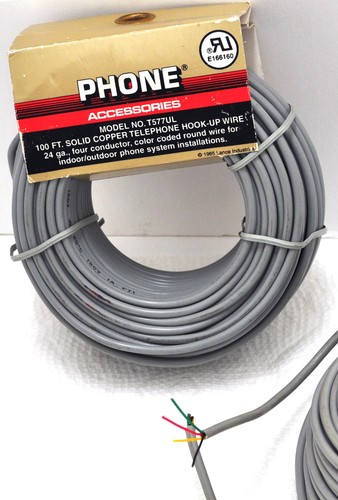 TELEPHONE HOOK-UP WIRE 100ft Solid Copper 24 ga 4 Conductor GRAY Round ...