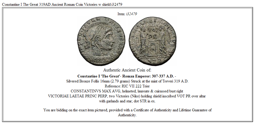 Constantine I The Great 319AD Ancient Roman Coin Victories w shield ...