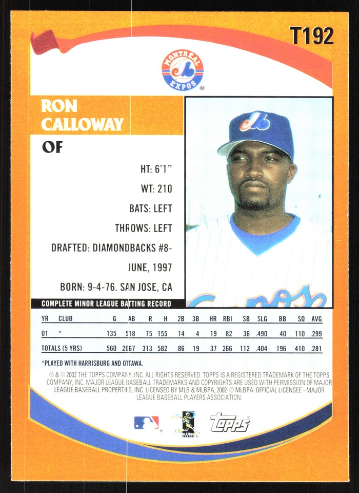 2002 Topps Traded & Rookies #T192 Ron Calloway Rookie RC Montreal Expos ...