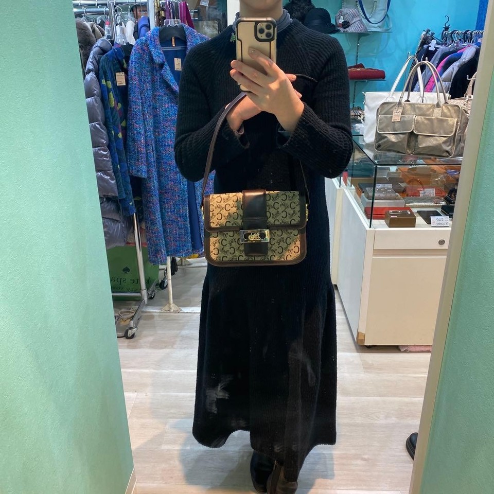 Celine Vintage Carriage Plate Macadam Canvas Leather Shoulder Bag Brown ...