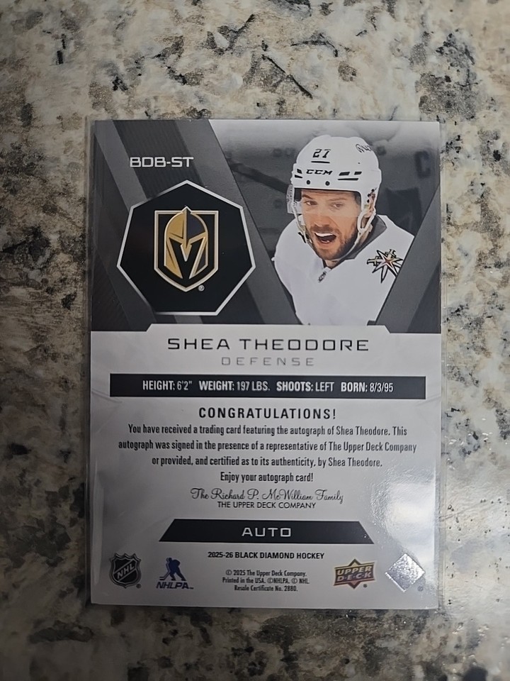 2025 Upper Deck Black Diamond Auto Shea Theodore Gold /99 BDB-ST Golden ...