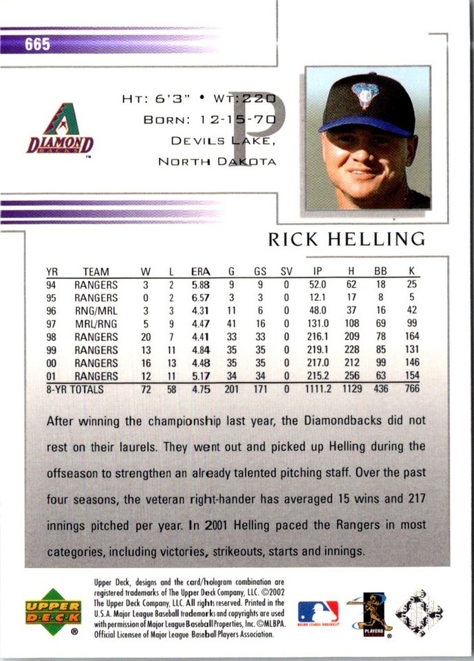 2002 Upper Deck Rick Helling #665 Arizona Diamondbacks Baseball Card | eBay