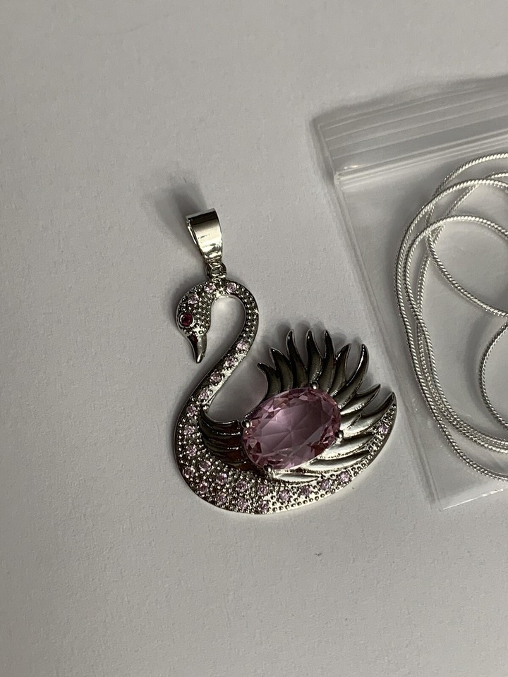 WHITE AND PINK KUNZITE CZ SWAN PENDANT SILVER PLATED WITH CHAIN-N94096 ...