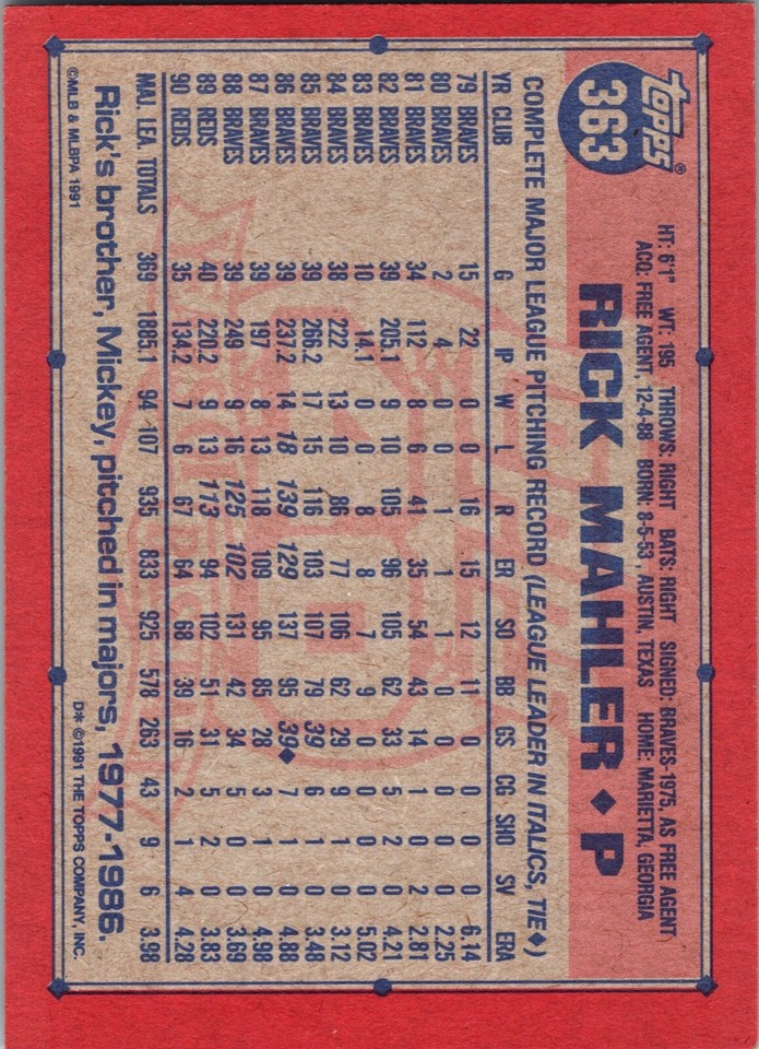 1991 Topps #363 Rick Mahler Cincinnati Reds ~A5F | eBay