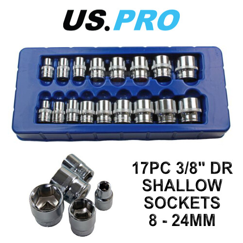 US PRO Tools 17pc 3/8 dr Shallow Sockets Set, Socket 6 Point 8-24mm ...