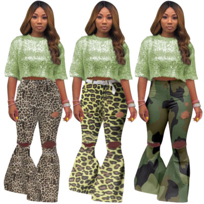 New Women's Camouflage/Leopard Print Ripped Hole Long Bell-Bottom Pants ...